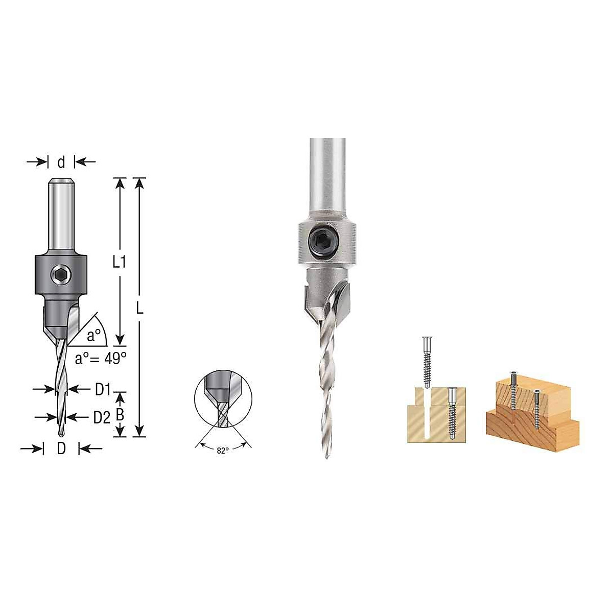 Amana Tool - (55122) Carbide Tipped 82° Countersink with Slow Spiral Stepped Drill, 6 & #8 Screws 25/64 Dia x 5/32 Drill Dia