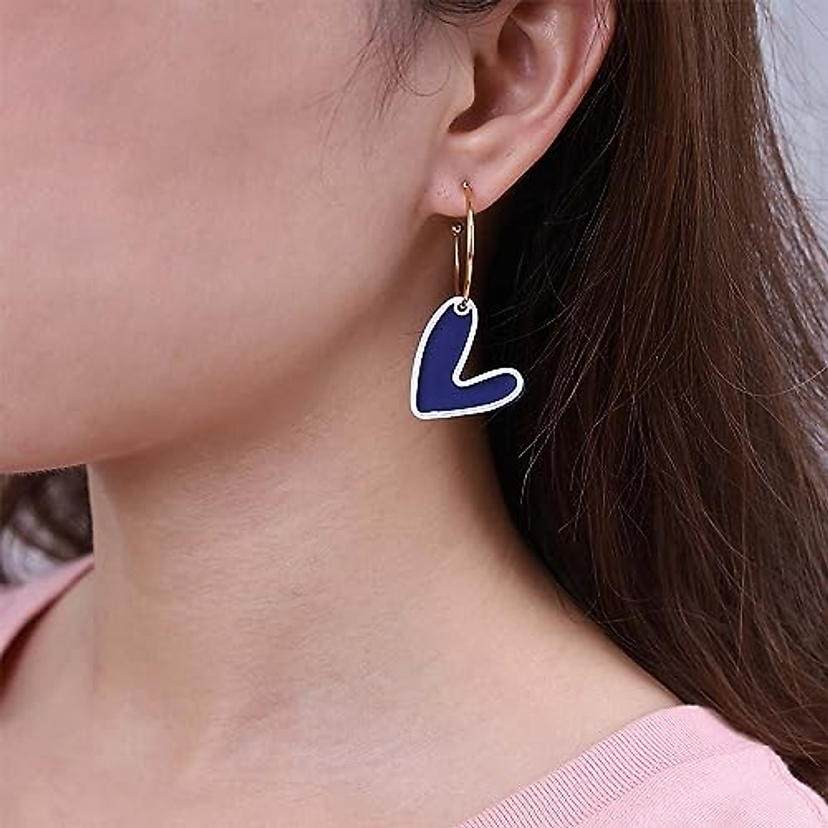 Sttiafay Vintage Blue Heart Earrings Enamel Heart Drop Earrings Acrylic Love Heart Earrings C Shape Hoop Earrings Gold Open Circle Earrings Jewelry for Women and Girls