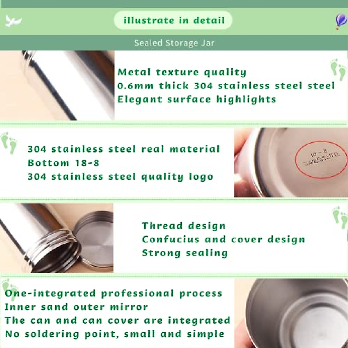 304 Stainless Steel Sealed Food Storage Jar Portable Tea Coffee Beans Container Easy for Travel Outdoor and Camping(L)