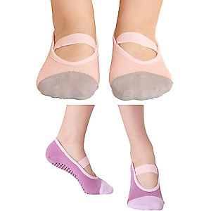 Aprilaugust Non Skid Grip Cotton Socks for Kids, Perfect for Daily wear, Yoga, Dance, Barre, Ballet (US, Age, 4 Years, 7 Years, Pink S Kids + Purple S Mom)