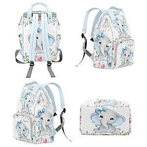 Blue Pink Flowers Roses Elephant Personalized Diaper Backpack with Name,Custom Travel DayPack for Nappy Mommy Nursing Baby Bag One Size