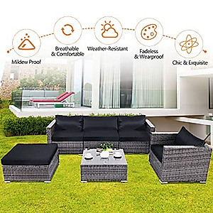 Tangkula Patio Furniture Set 6 Piece Outdoor Lawn Backyard Poolside All Weather PE Wicker Rattan Steel Frame Sectional Cushioned Seat Sofa Conversation Set (Gradient Gray with Black Cushion Cover)