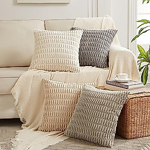 Fancy Homi 4 Packs Neutral Decorative Throw Pillow Covers 18x18 Inch for Living Room Couch Bed Sofa, Rustic Farmhouse Boho Neutral Home Decor, Soft Plush Striped Corduroy Square Cushion Case 45x45 cm