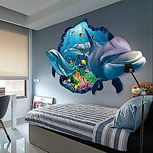 Ocean World Wall Stickers, 3D Blue Dolphin 3D Shark Broken Wall Stickers Tropical Fish DIY Wall Decals Art Decor for Kids Boys Bedroom Playroom (Dolphin)