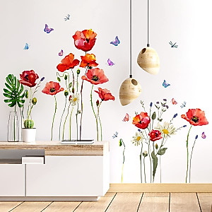 Red Poppy Flowers Wall Decals Daisy Floral Butterfly Wall Stickers DIY Removable Green Leaf Plant Flower Wall Art Decor for Kids Girls Bedroom Living Room Nursery Playroom Decoration DT-MS091