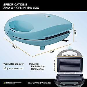 VETTA 760-Watt Nonstick Panini Press, Sandwich Maker, Automatic Temperature Control, Nonstick Coating, Nonslide Feet, Indoor Large Versatile Grill, 28.5 in. Wrappable Power Cord, Seafoam Blue