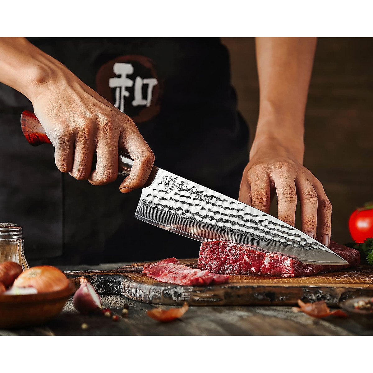 HEZHEN Damascus Knife Set 5PCS,Premium Powder Steel Forged Hammered Pattern, Rosewood Handle, Home Cooking Kitchen Knives