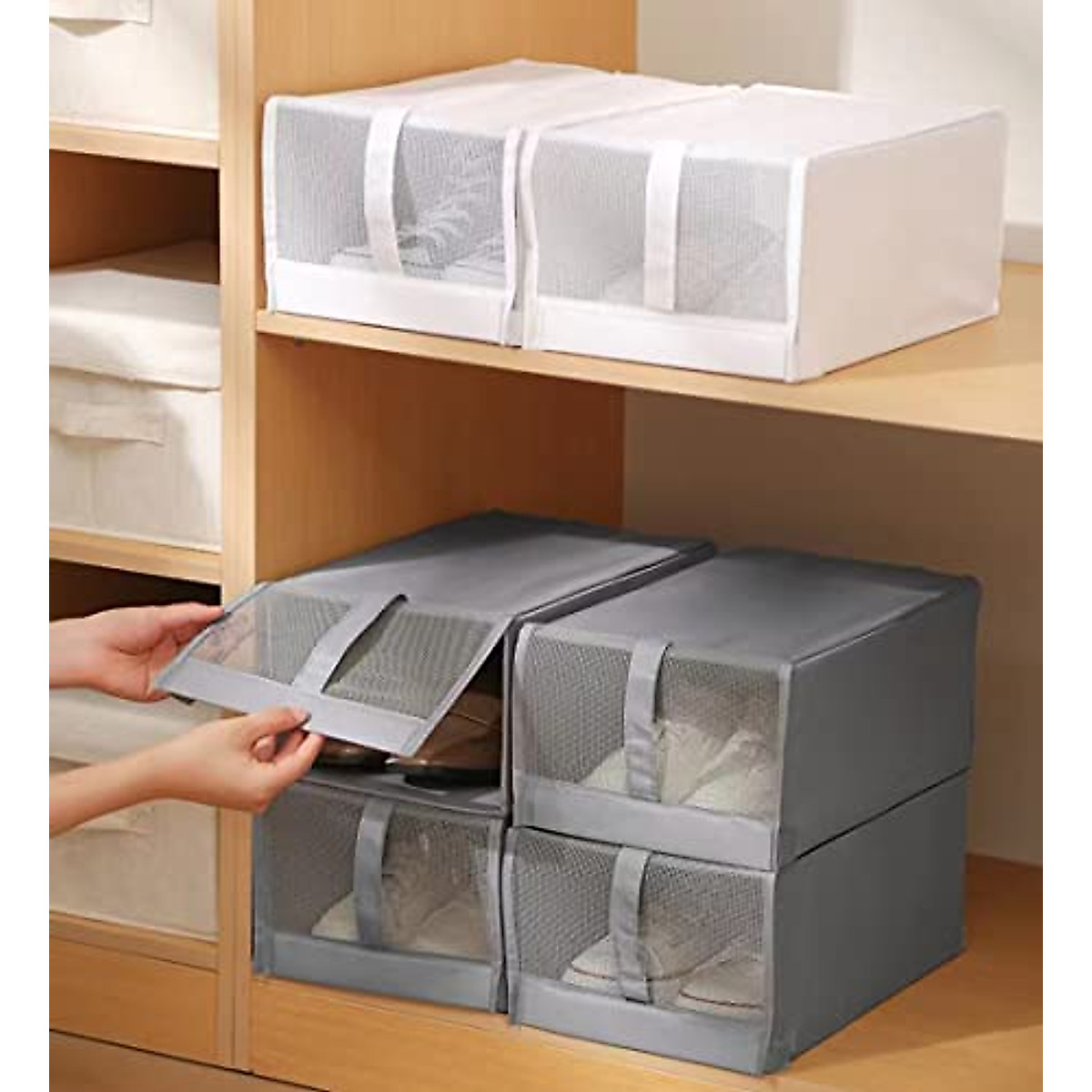 Yagizaai Bayou Fabric Shoe Box, 4 PCS Collapsible Stackable Breathable shoe storage organizer boxes with Clear Window and Handle, Upgraded Shoe Bin & Holder for Up to Size 10