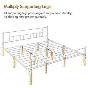 Yaheetech King Size Metal Bed Frame with Headboard and Footboard Platform Bed Frame with Storage No Box Spring Needed Mattress Foundation for Adults White