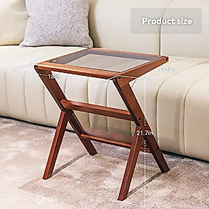 TZK Side Table Z Shape End Table with Tempered Glass Top, Solid Wood Modern Simplistic Style Coffee Table for Sofa Couch,Living Room,Bedroom(Walnut)