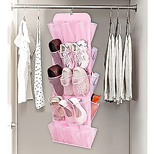 AOODA Hanging Kids Shoe Organizer for Closet Rod Double Sided 30 Large Pockets Baby Shoe Rack for Toddler Shoe Holder With Rotating Hanger For Barbie, Baby Nursery, (Pink)