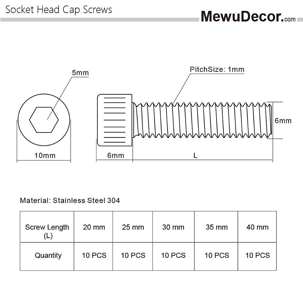 50 PCS Socket Head Cap Screw Assortment Set, M6 x 20mm, 25mm, 30mm, 35mm, and 40mm, Stainless Steel 304, Bright Finish