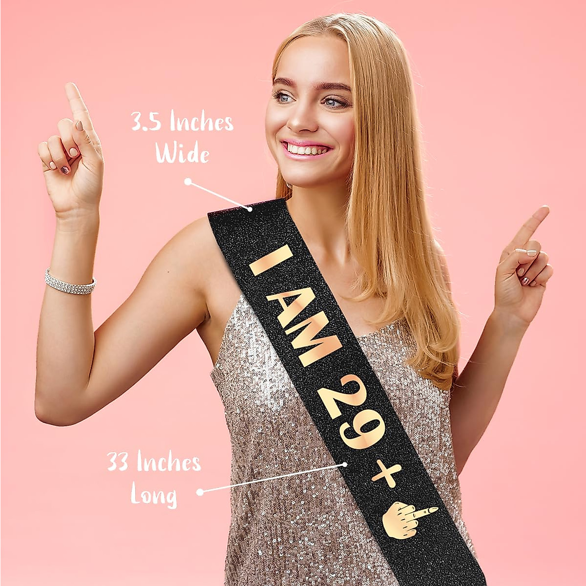 PartyForever 30th Birthday Decoration Sash for Women I AM 29 Plus 1 Middle finger Black 32 inch Long with Rose Gold Letters for Her