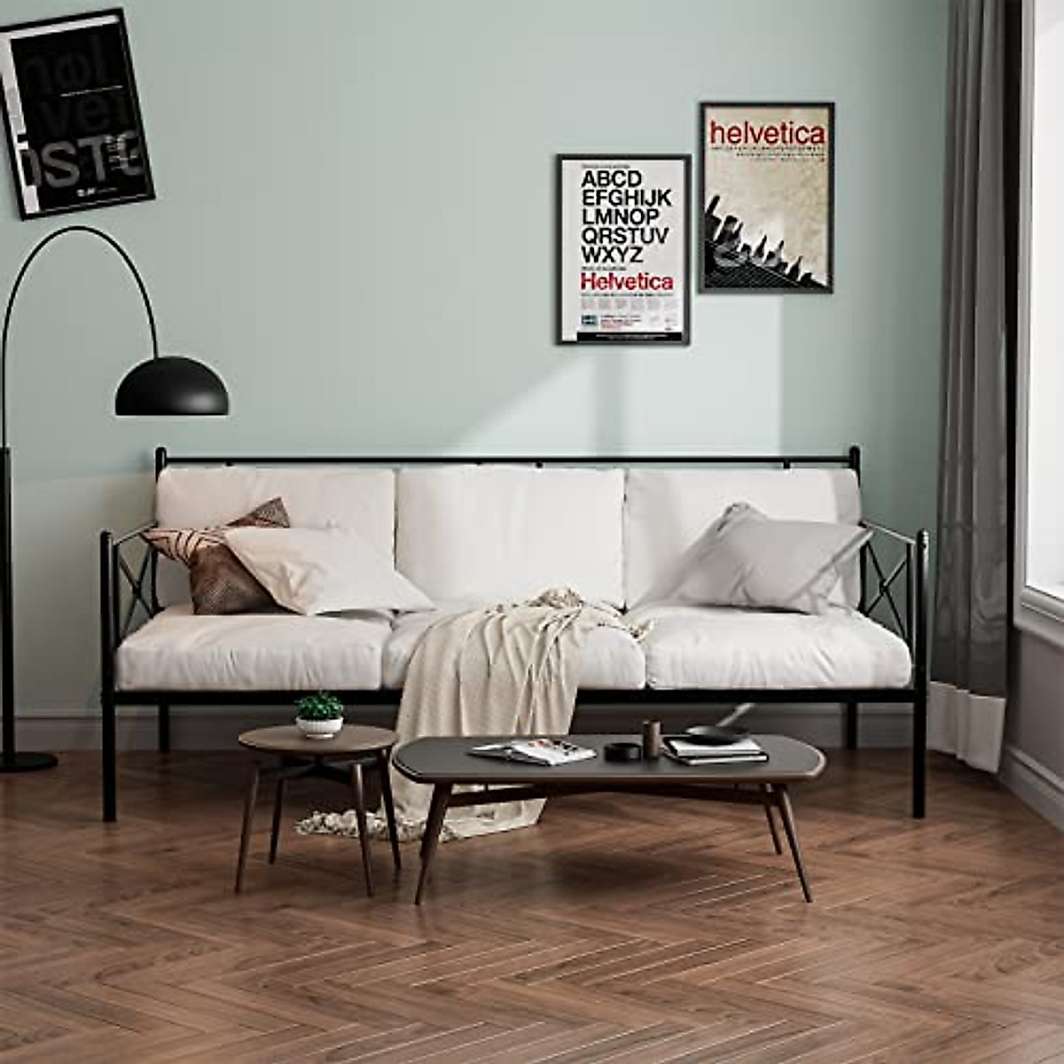 KOMFOTT Metal Daybed Frame, Twin Bed Frame with Steel Slats Support, Sofa Mattress Foundation with Headboard, No Box Spring Needed, Multifunctional Platform Bed Frame Fits Twin Mattress (Black)