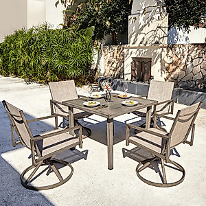 NATURAL EXPRESSIONS Patio Swivel Dining Set of 5, 4-Piece Mesh Sling High Back Chairs, 1-Piece 38" Square Woodgrain Steel Dining Table with 1.65'' Umbrella Hole for Outdoor Garden Yard