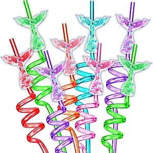 24 Pieces Mermaid Party Favors Glitter Mermaid Tail Straws Reusable Sparkly Drinking Straws for Mermaid Birthday Pool Party Supplies Decorations Gift Bag Fillers