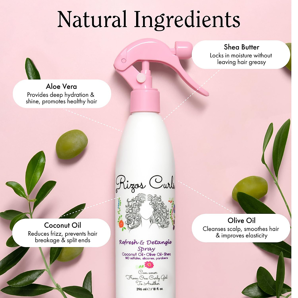 Rizos Curls Refresh & Detangle Spray, Moisturizing Leave-In Conditioner, Hydrate & Reduce Frizz, Add Shine & Definition with Coconut Oil, Aloe Vera & Shea Butter, All Hair Types 1a- 4c, 10 oz
