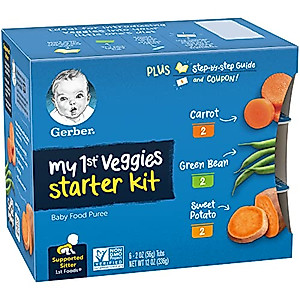 Gerber 1st Foods My First Veggies Starter Kit, 2 Carrot, 2 Green Bean, 2 Sweet Potato, Non-GMO Baby Food Puree Tubs, 6 CT Baby Food Tubs Per Pack (Pack of 4)
