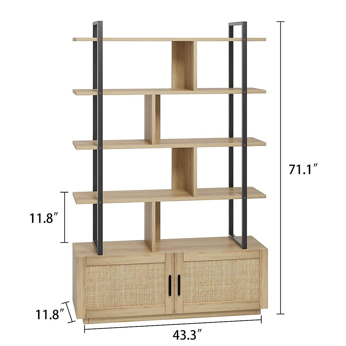GAOMON 5 Tier Rattan Bookshelf with Storage Cabinet & Door, 71.1 Inch Tall Industrial Book Shelf with Open Display Shelves, 5 Shelf Bookcase with Metal Frame for Living Room, Bedroom -Burlywood