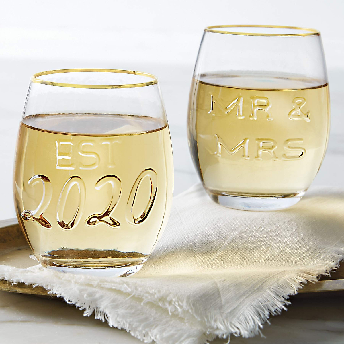 Mud Pie MR. & MRS. EMBOSSED WINE GLASS SET, Est 2020, 16 oz