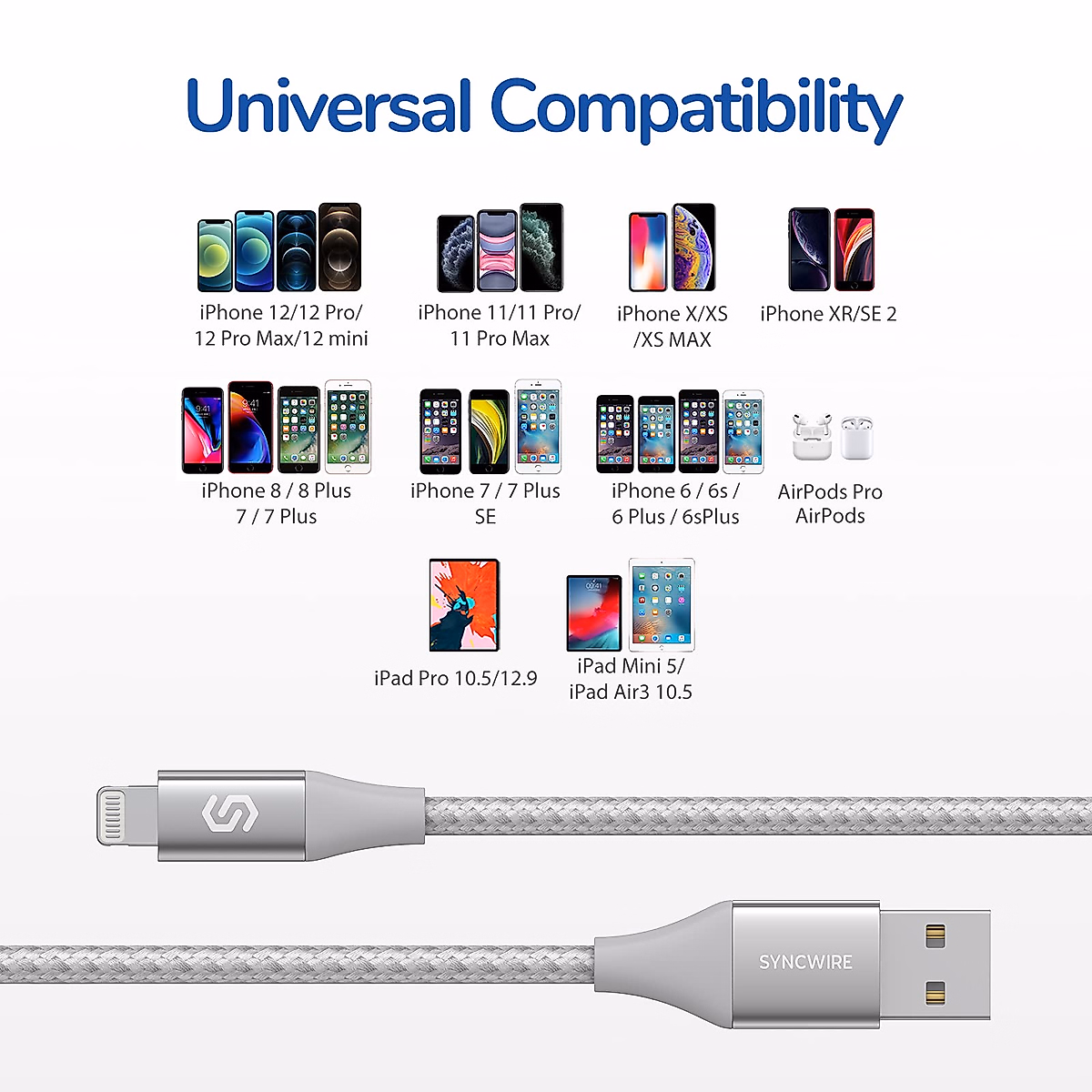 SYNCWIRE iPhone Charger Cable 10ft, [Apple MFi Certified] Long Lightning to USB Cable Double Braided Nylon iPhone Cord Compatible with iPhone 13 12 Mini 11 Pro Max XS XR X 8 7 6 Plus, Silver, 10 Foot