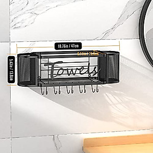 Roylvan Towel Rack for Bathroom, Wall Mount Towel Holder with Detachable Hooks and Side Pocket, No Drilling/Drilling, Rustproof Stainless Steel Shower Caddy Holder for Bathroom Storage Organizer,Black