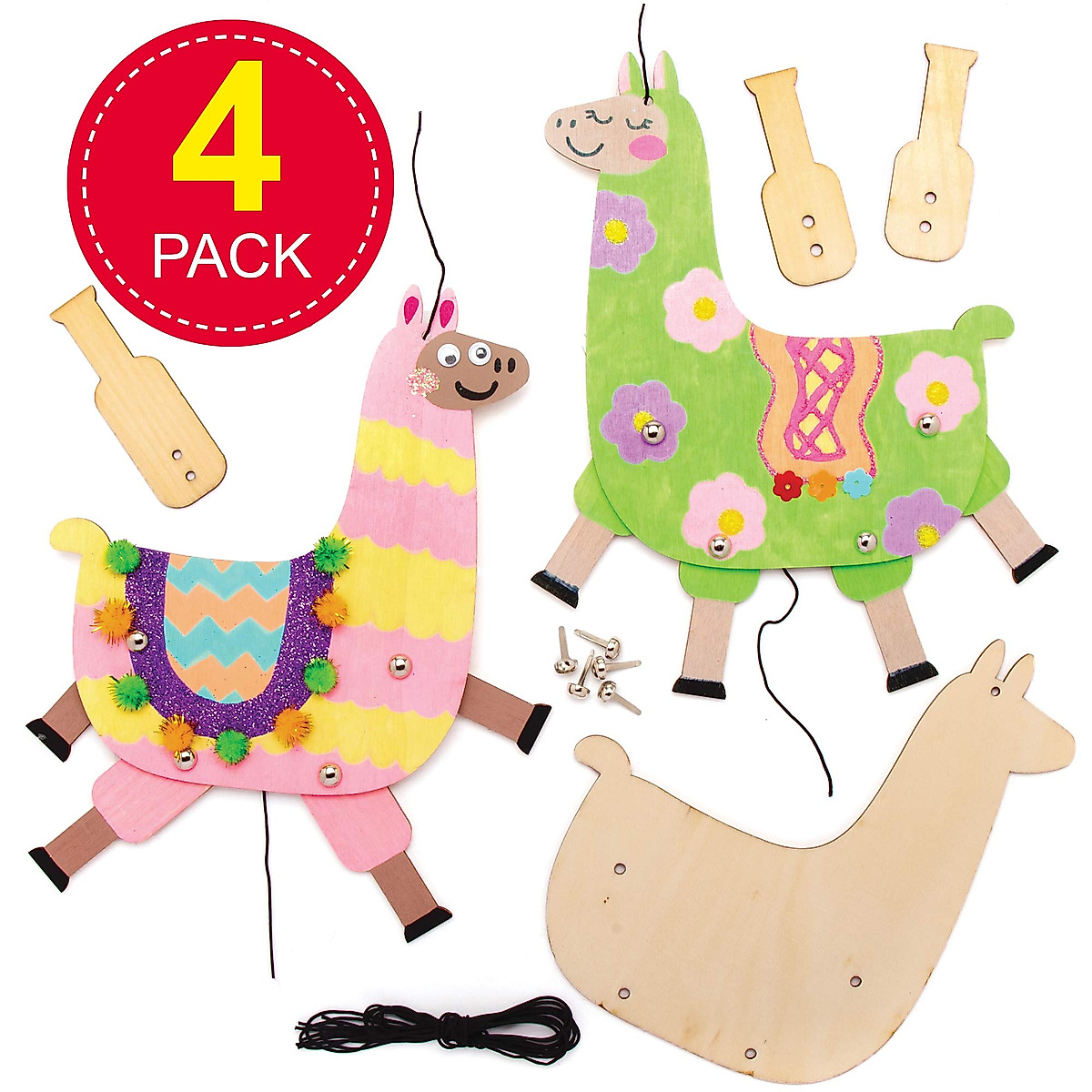 Baker Ross AT507 Lovely Llama Wooden Puppet Kits - Pack of 4, Story Telling, Woodcraft Painting for Kids, Great for Art Parties, Schools and Festive Crafting Activities