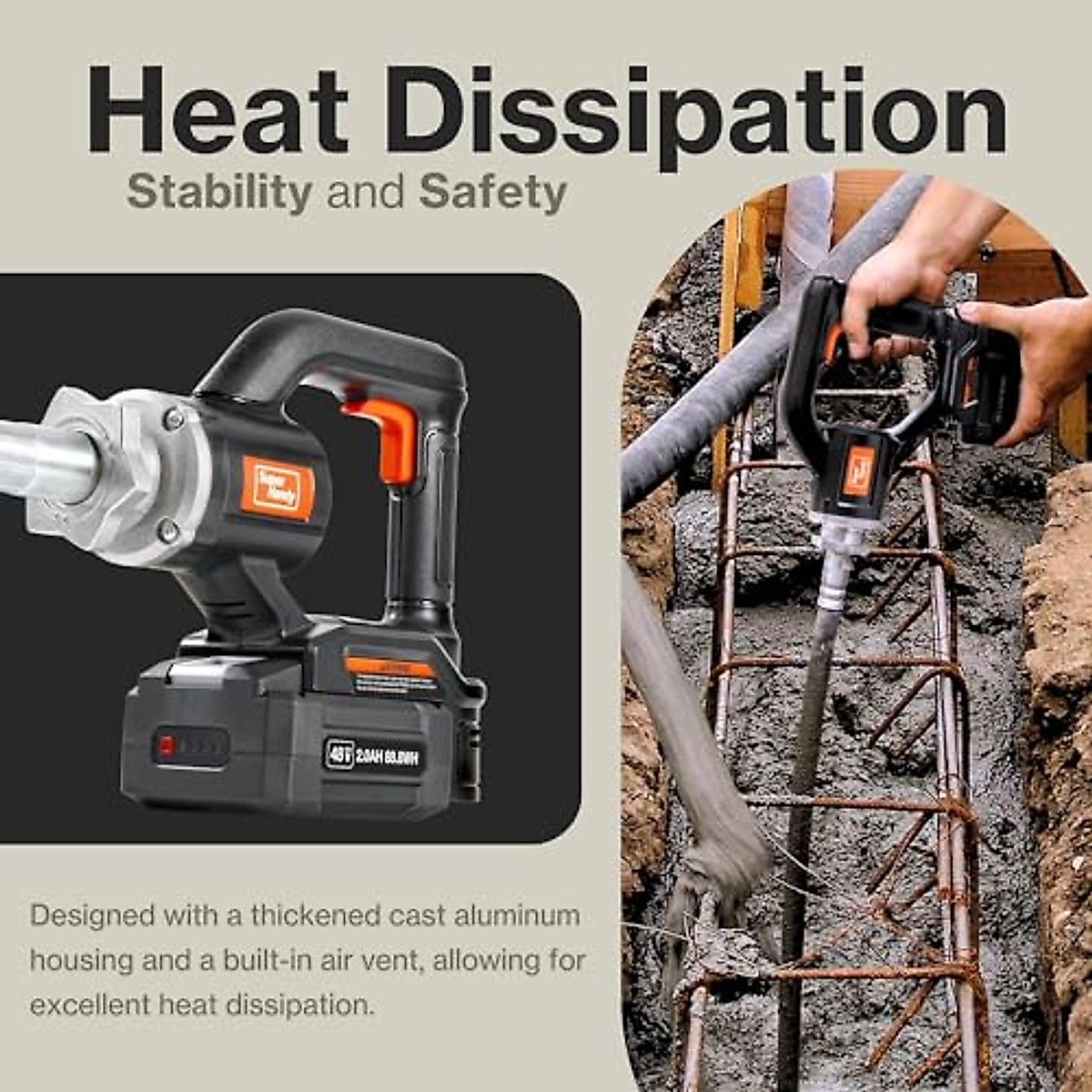 SuperHandy Concrete Vibrating Power Tool, 13k VPM, 4.9’ Ft Flex Hose Immersion Shaft, Cement Vibrator, Cordless Handheld 48V 2Ah Battery, Brushless Motor - Remove Air Bubble, Level & Mix Concrete