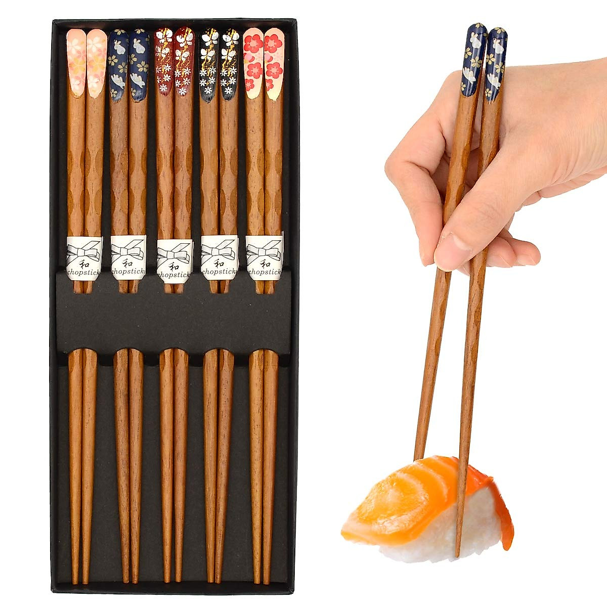OMyTea Chopsticks Reusable - Japanese Wooden Chopsticks 5 Pairs Gift Sets, 9 Inch/23cm, for Sushi, Ramen, Noodles, Rice, Camping, Travel (Sakura Nails)