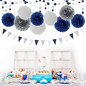 Tissue Paper Pom-Poms Party Decorations - 15pcs 5 Size Navy Blue White Silver Paper Flowers,Graduation Wedding Baby Bridal Shower Room Hanging Decorations Boy Birthday Party Backdrop Decor Panduola