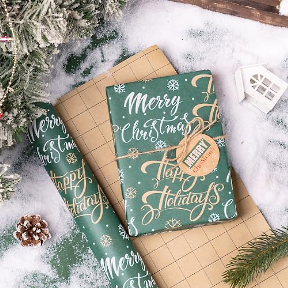 RUSPEPA Kraft Christmas Wrapping Paper Roll - Mini Roll - Green White Gold Greeting Design for Holiday Gift Wrap - 17 Inches X 32.8 Feet