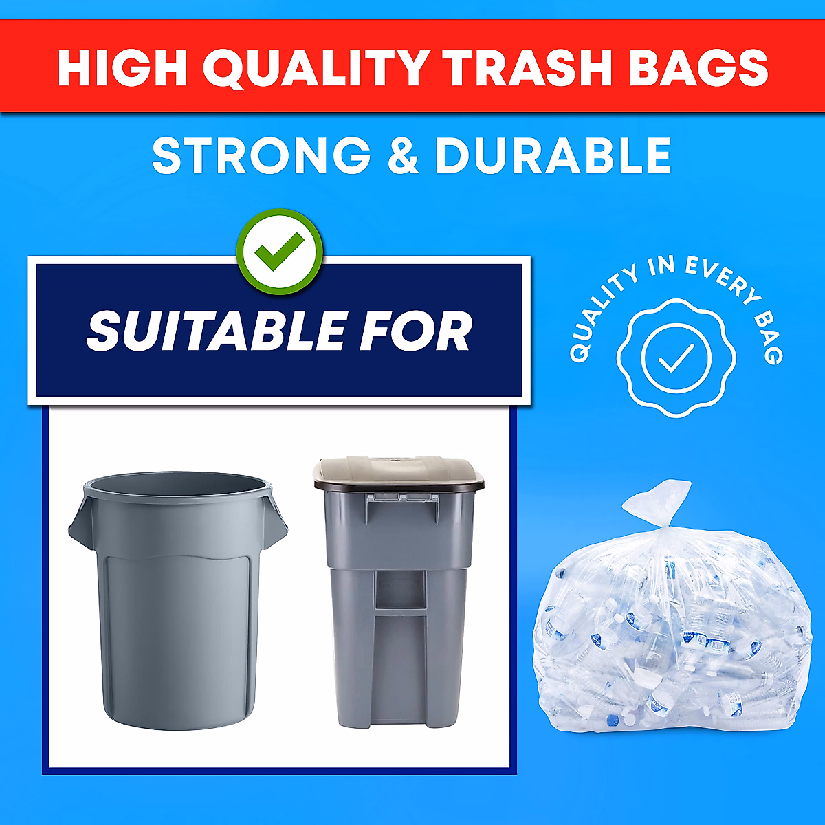 55 Gallon Clear Trash Bags, (50 Bags w/Ties) Large Clear Plastic Recycling Garbage Bags