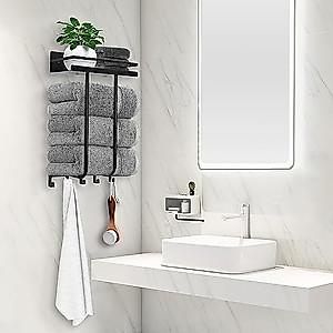 SUNZOS Towel Racks for Bathroom, Towel Rack Wall Mounted with Metal Shelf and 5 Hooks for Small Bathroom, Towel Holder for Bathroom, Bath Towel Storage for Rolled Towels Organizer, Black