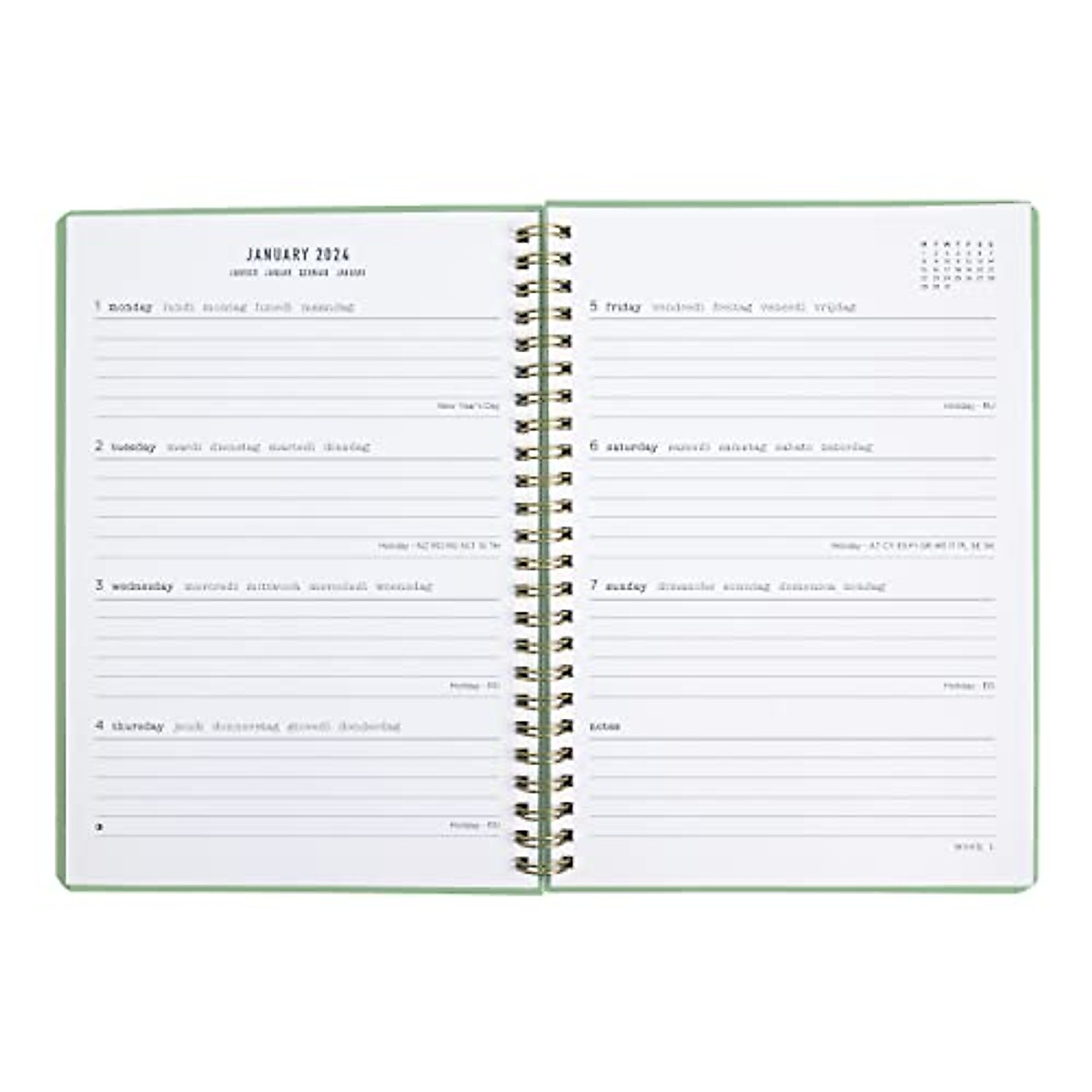 Letts Celebrate Weekly/Monthly Planner, 12 Months, January to December, 2024, Gold Twin-Wire Binding, A5 Size, 8.25" x 5.875", Multilingual, Mint (C082187-24)