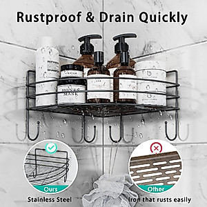 Corner Shower Shelves with 4 Hooks, 2-Tier Stainless Steel Bathroom Shower Organizers, Wall Mounted Caddy Shelves No Drilling with Adhesive, Triangle Storage Shelf for Toilet, Dorm and Kitchen, Black