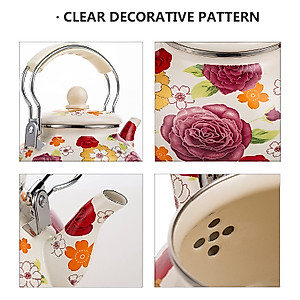 Enamel 2.3 Quart Teapot floral,Large Porcelain Enameled Teakettle,Colorful Hot Water Tea Kettle pot for Stovetop,Small Retro Classic Design, white