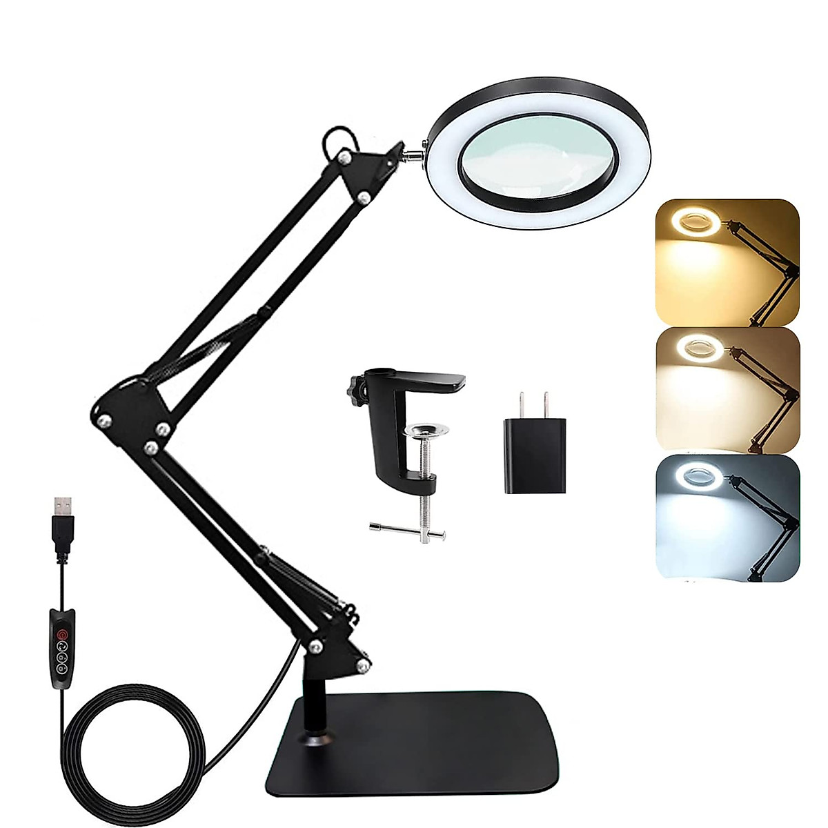 Hanbaak Magnifying Glass with Light and Stand, 10X Magnifying Lamp, 3 Color Modes Stepless Dimmable, 2-in-1 LED Lighted Desk Magnifier with Light for Reading, Crafts, Repair, Close Works