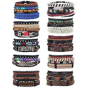 ORAZIO 35 Pcs Mens Braided Leather Bracelets Set for Women Cool Boho Ethnic Tribal Wooden Bead Cuff Wrap Bracelet Handmade Wrist Adjustable