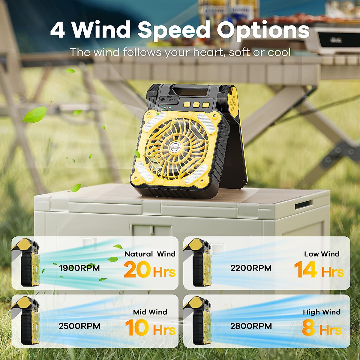 DOWILLDO Solar Powered Fan for Camping, 10400mAh Rechargeable Battery Operated Portable Fan with LED Lantern, 4 Speeds Powerful Wind and 3 Timer Table Fan, for Picnic, Hurricane, Fishing (Yellow)