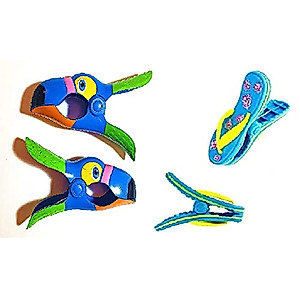 2 Set (4 Ct) Blue Toucan/Blue Flip Flops Beach Towel Clips Jumbo Size for Beach Chair, Cruise Beach Patio, Pool Accessories for Chairs, Household Clip, Baby Stroller
