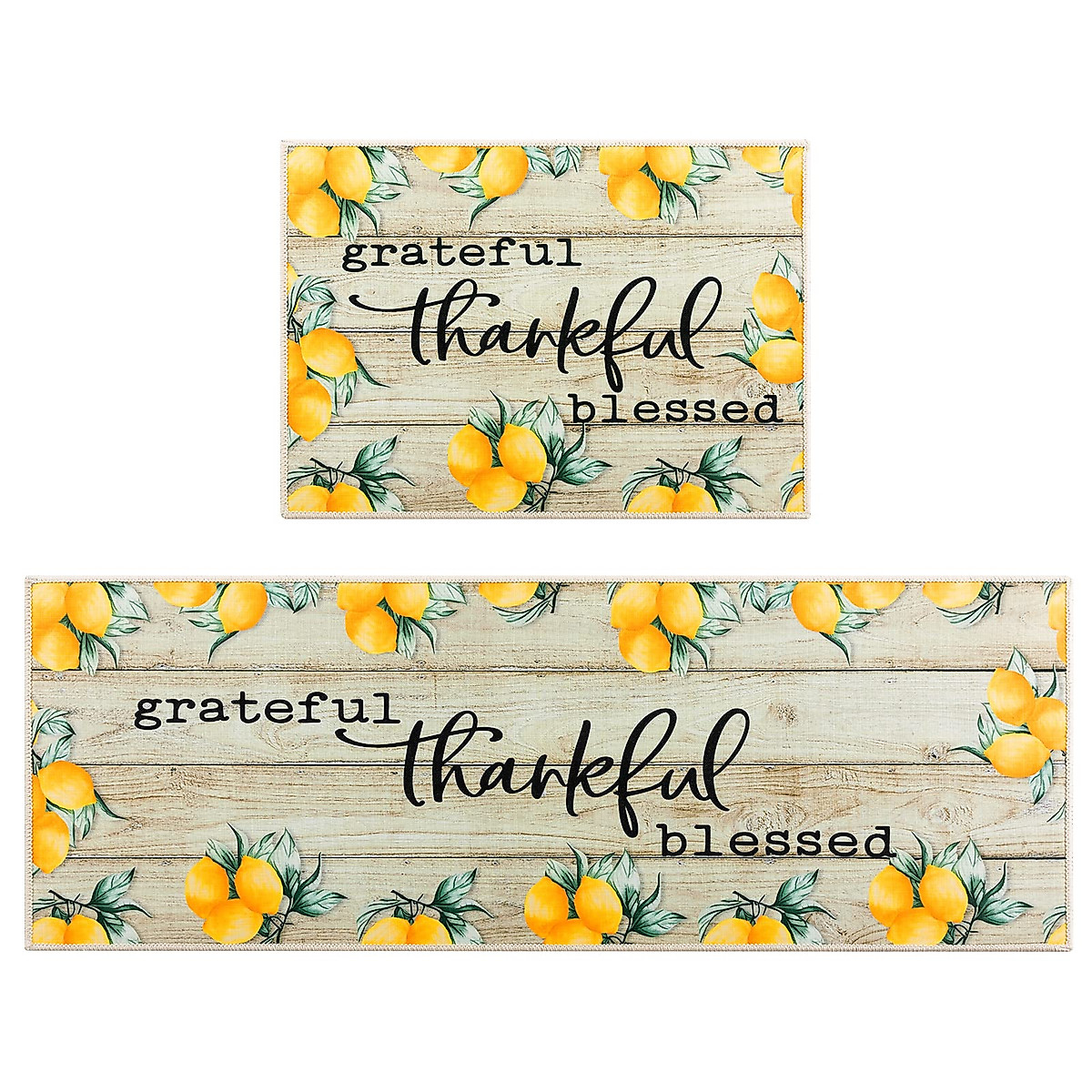 Asrug 2 Pieces Kitchen Rug Set Non-Slip Backing Mat Natural Design Throw Rug for Kitchen Doormat Runner Rug Set, Lemon Design, 17"x48"+17"x24"