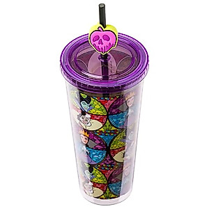 Silver Buffalo Disney Villains Featuring Cruella de Vil, Maleficent, Ursula, and the Evil Queen Glitter Plastic Cold Cup with Lid and Straw Topper, 24 Ounces