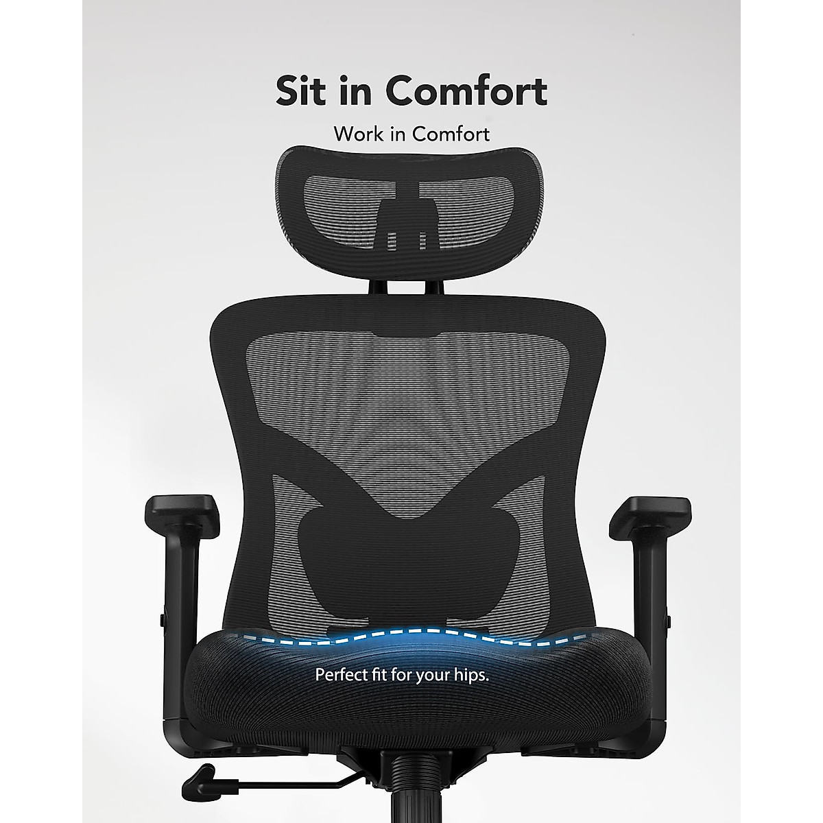 HUANUO Ergonomic Office Chair, High Back Desk Chair with S-Shaped Backrest, Adjustable Lumbar Support, Headrest, Armrest, Mesh Computer Chair with Thicker Seat Cushion and Tilt Function, Black