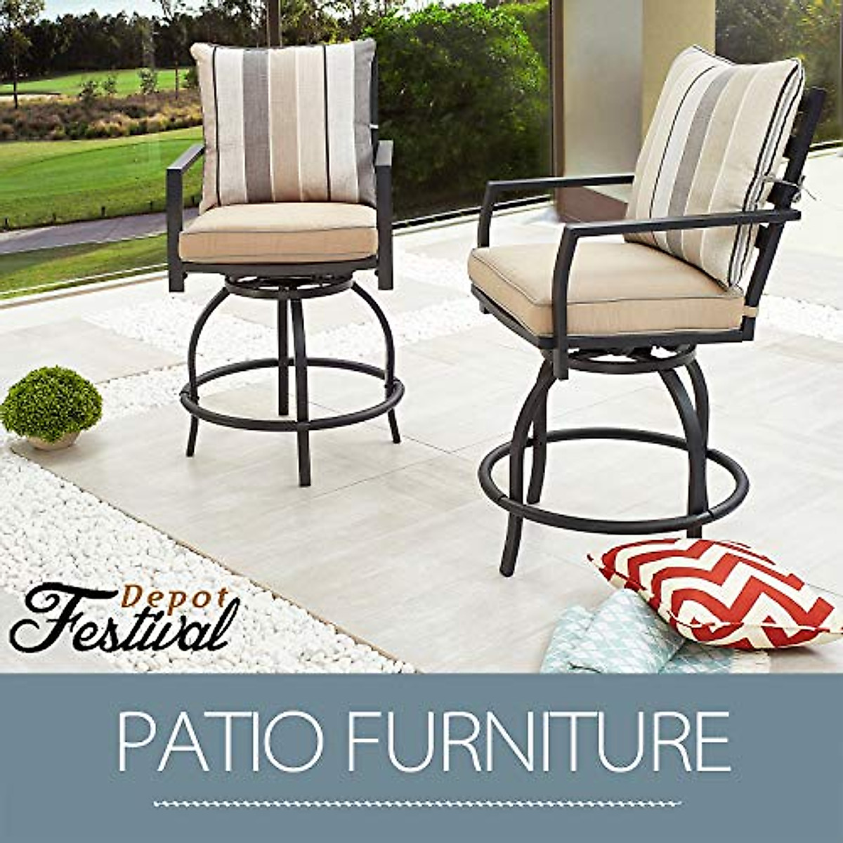 Festival Depot 2pcs Bar Bistro Outdoor Patio Furniture 360° Swivel Chairs Armrest Height Stools with Soft & Comfort Cushion Metal Steel Frame Legs for Lawn Garden Deck Poolside All-Weather (Original)