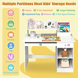 Giantex Kids Study Desk, Children Wooden Computer Desk with Hutch, Bookshelf, Keyboard Tray, Drawer, Storage Shelves, Student Writing Table Computer Workstation for Home School Use, White
