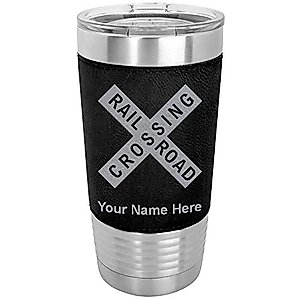 LaserGram 20oz Vacuum Insulated Tumbler Mug, Railroad Crossing Sign 1, Personalized Engraving Included (Faux Leather, Black)
