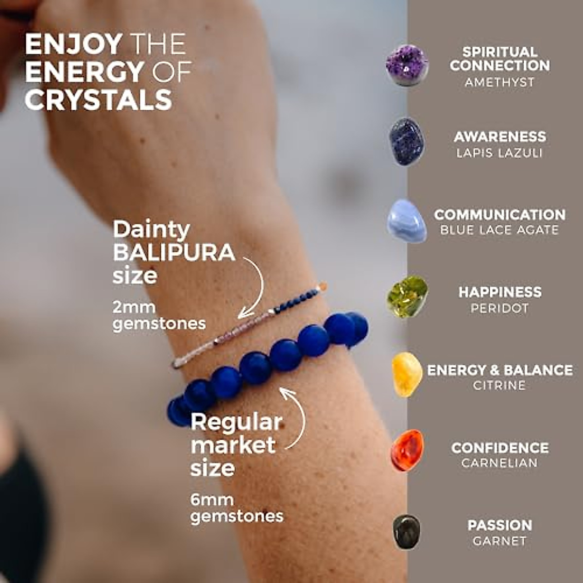 BALIPURA - 7 Chakra Crystal Bracelet For Women - Charm Beaded Bracelet, Garnet & Amethyst Crystal Stone, Bracelets for Teenage Girls - Healing Crystals Bracelet - Handmade Bracelet - 2mm SMALL Beads