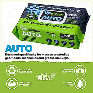 Crocodile Cloth Auto Cleaning Wipes - Clean Up Grease, Oil, and Adhesives on Hands, Tools, Parts, and More - 100 Large Disposable Wet Wipes for your Car. Safe on Face, Hands & Skin.