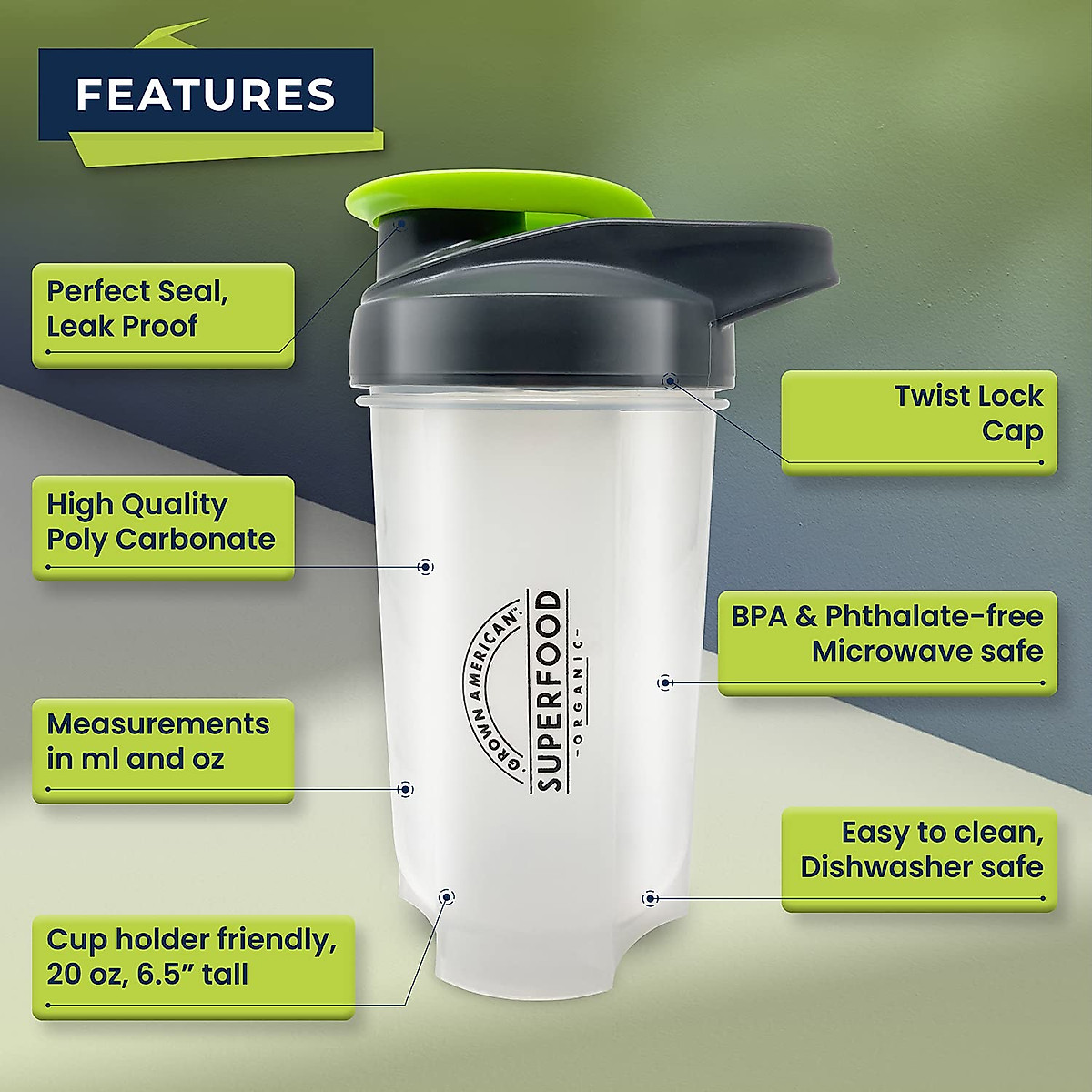 Grown American Superfood Official Shaker Cup | Great for Grown American Superfood and Protein Shakes | 20oz