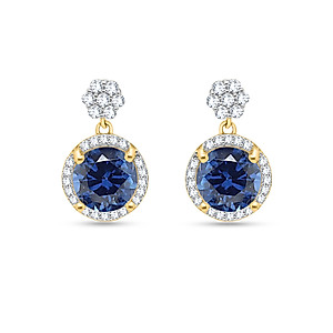 Shineadime 6MM Round Shape Simulated Blue Sapphire and White Cubic Zirconia Floral Halo Prong Set Drop Dangle Earrings with Screw Back in 14K Yellow Gold Plated 925 Sterling Silver Gift for Womens